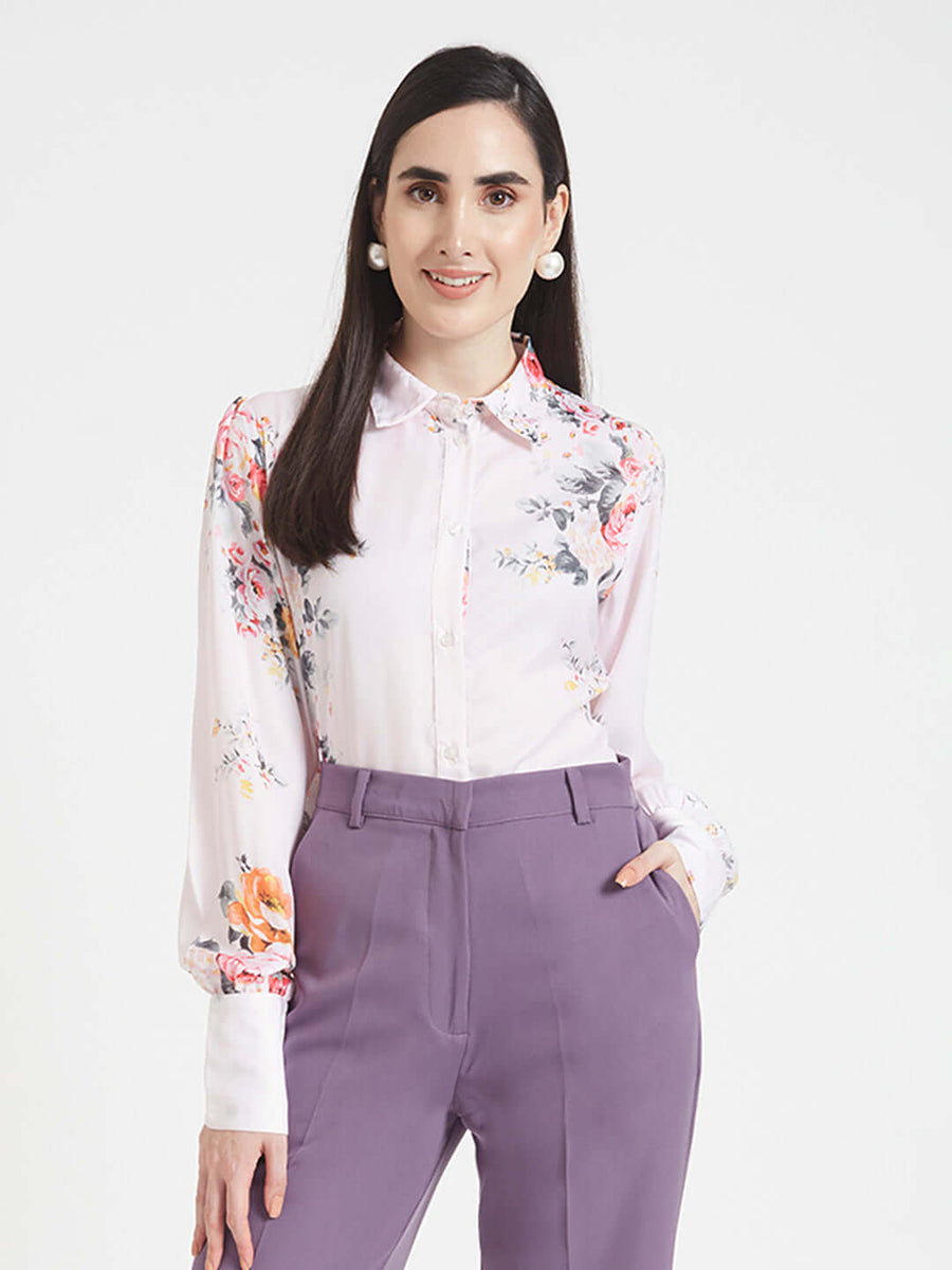 LUXURY SATIN DIGITAL PRINT PUFF SLEEVE SHIRT WITH DEEP PURPLE FLARED ...
