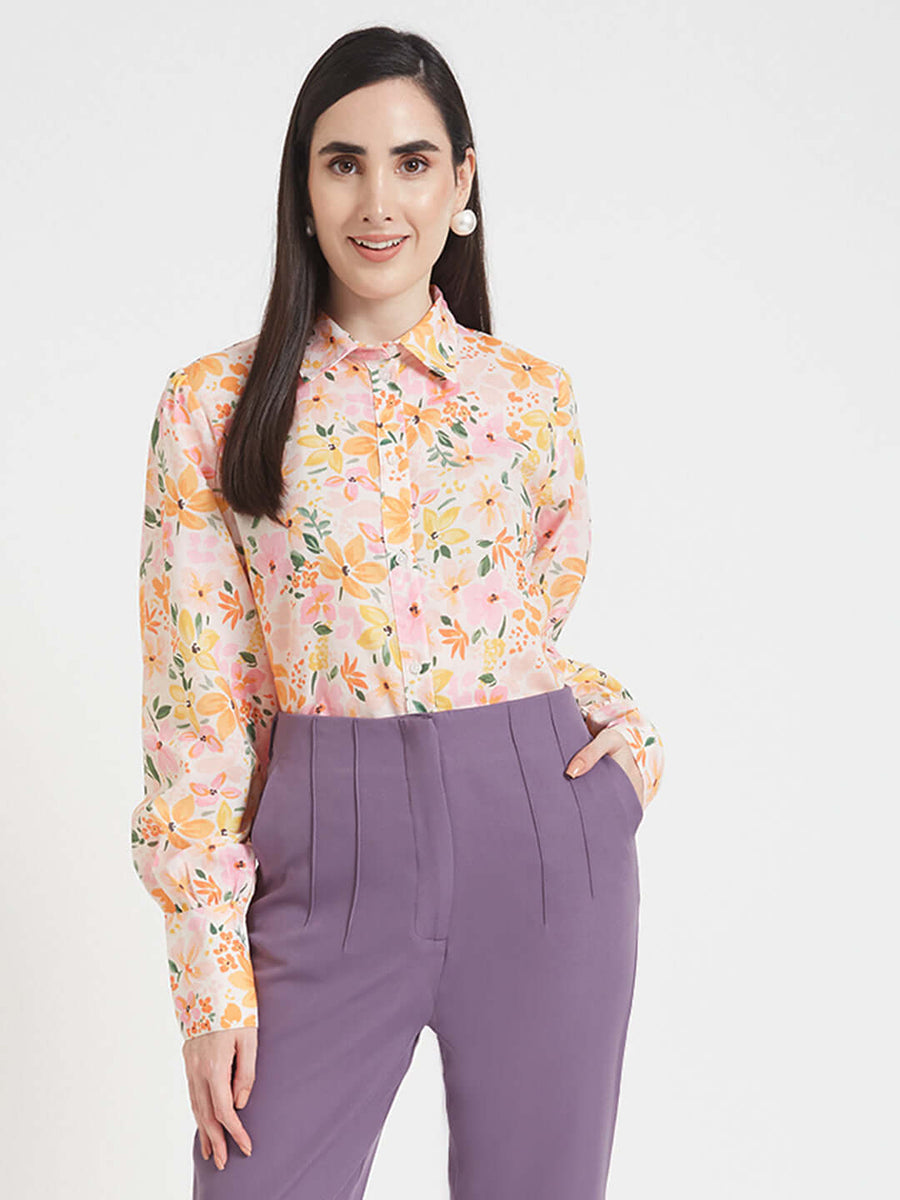 LUXURY CAMBRIC DIGITAL PRINT PUFF SLEEVE SHIRT WITH DEEP PURPLE PLEATED ...