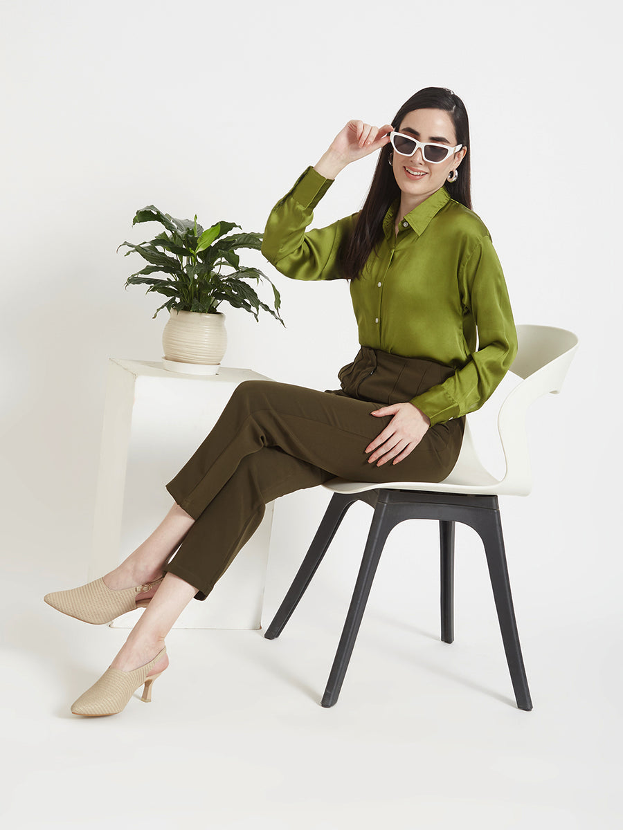 Women's Premium Olive Regular Fit Solid Satin shirt With Olive Pleated ...